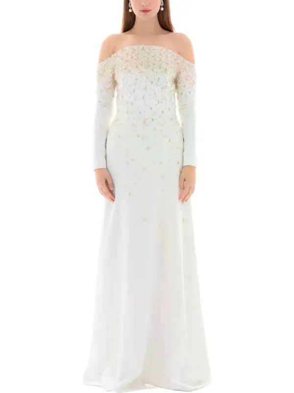 DINA MELWANI Pearl And Crystal Embellished Gown - White