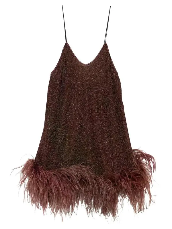 Oseree Feather-detail Mini Dress - Brown