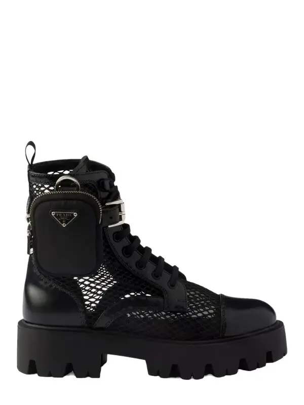 Prada Monolith Mesh Pouch Combat Boots - Black
