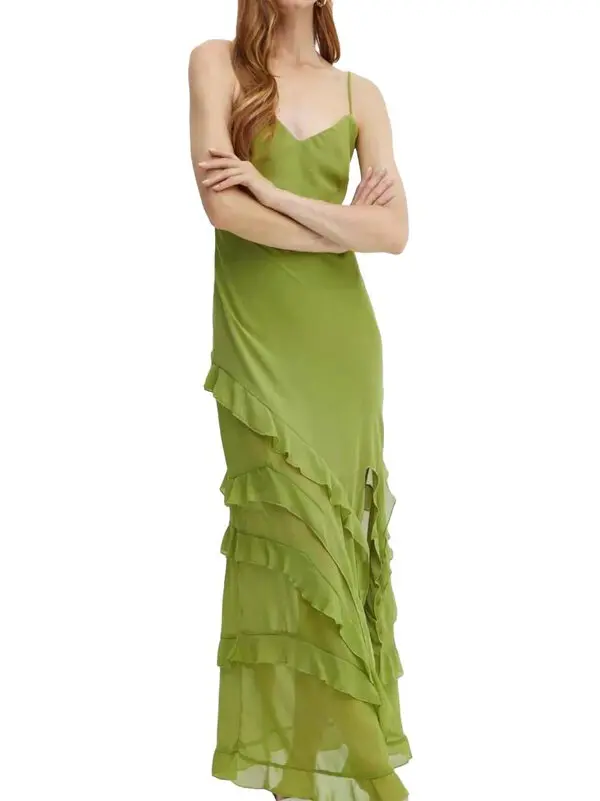 Bardot Ruffled V-neck Midi Dress - Green
