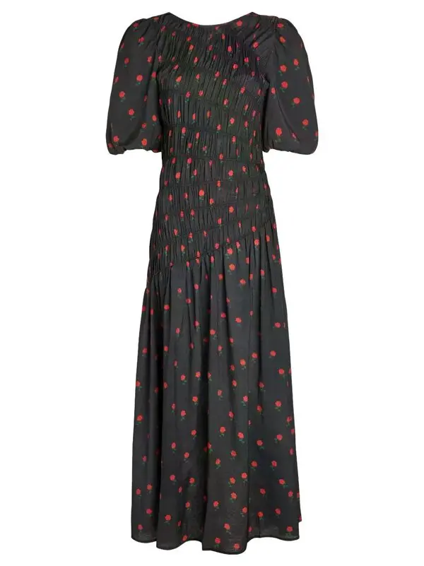 NEVER FULLY DRESSED Nara Rose-print Midi Dress - Black