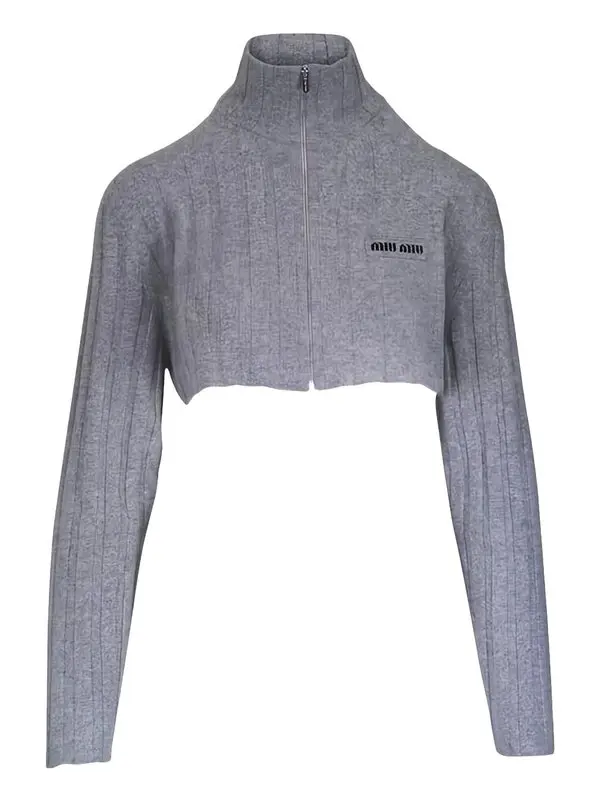 Miu Miu Ribbed Knit Zip Cardigan - Grey
