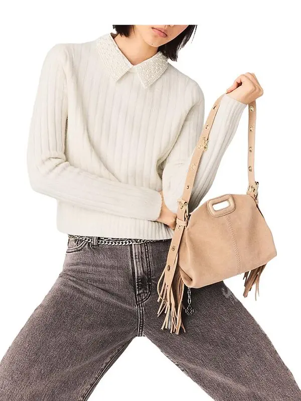 Maje Ribbed Sweater With Beaded Collar - Ecru