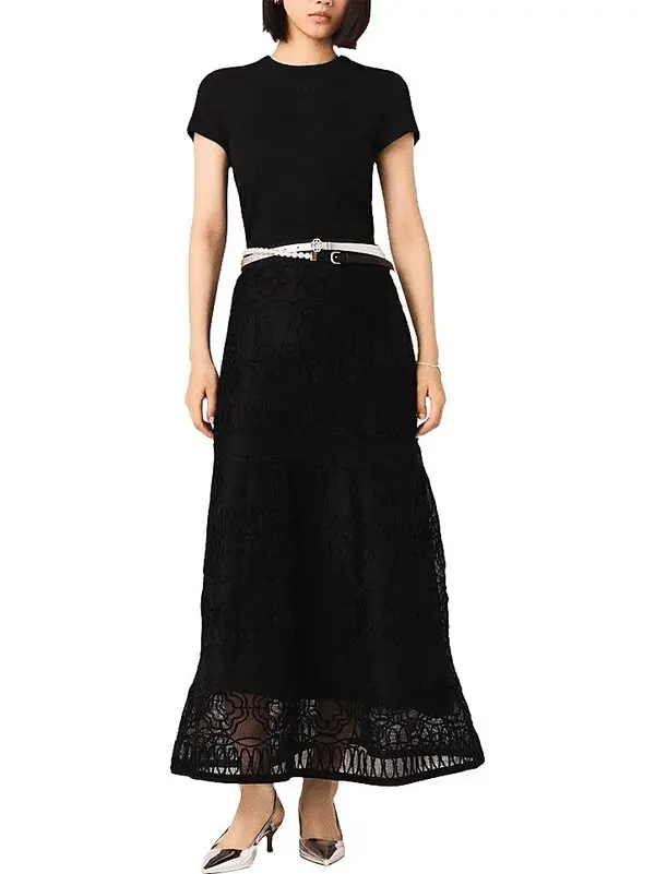 Maje Embroidered Basket Weave Knit Skirt - Black