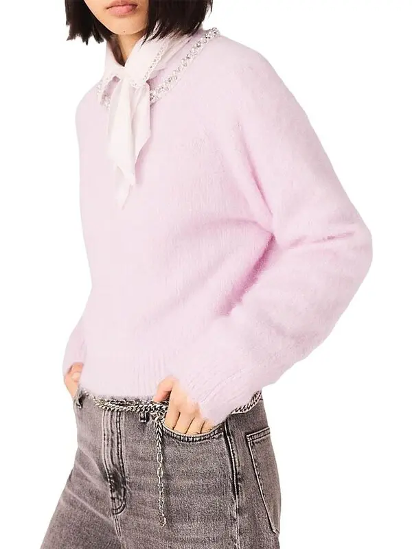 Maje Embellished Collar Cropped Sweater - Pink