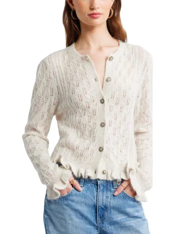 Treasure & Bond Pointelle Ruffle Edge Cardigan - Beige Oatmeal Light Heather