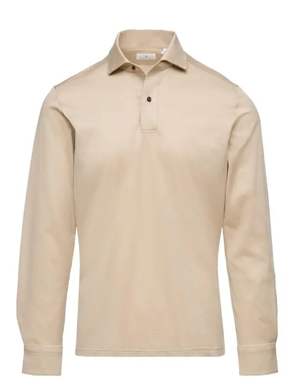 EMANUEL BERG Jacquard Luxe Long Sleeve Polo - Medium Beige