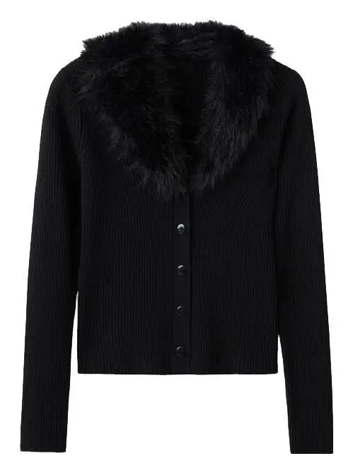 Mango Faux Fur Collar Ribbed Cardigan - Black