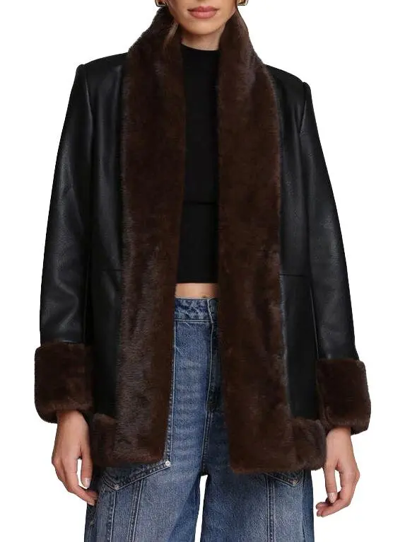 Avec Les Filles Faux Leather Coatigan With Faux Fur Trim - Black