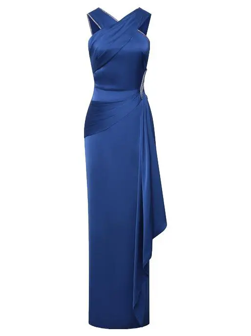 Theia Cressida Halter Column Gown - Maritime Blue