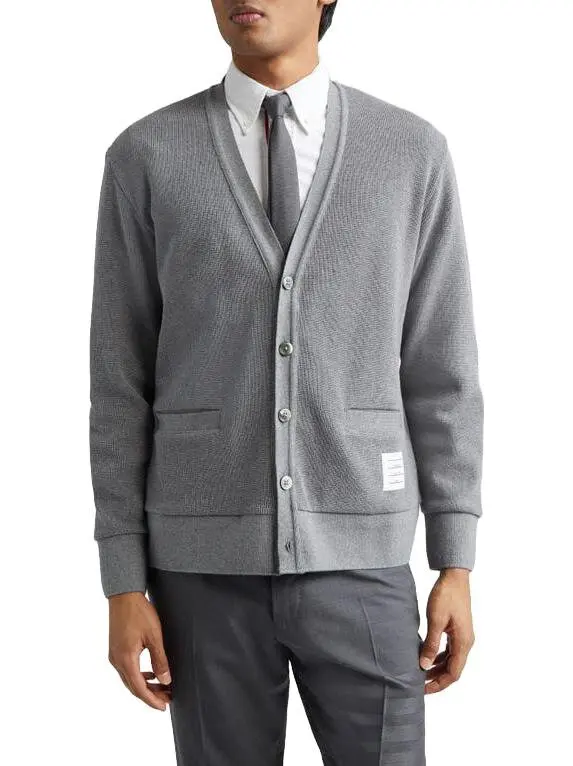 Thom Browne Waffle Knit V-neck Cardigan - Med Grey