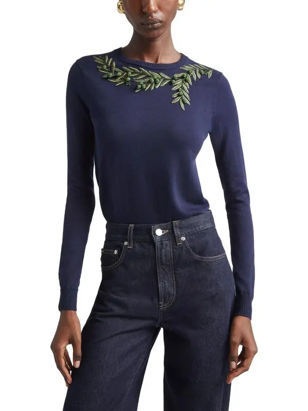 Carolina Herrera Olive Branch Embroidered Sweater - Midnight Multi