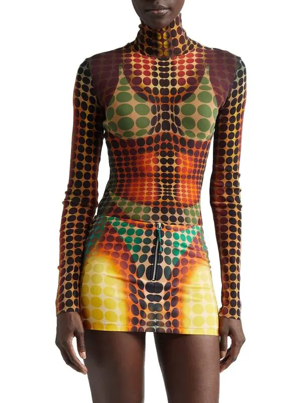 Jean Paul Gaultier Re-edition Polka Dot Trompe L'oeil Mesh Top - Orange/blue/brown
