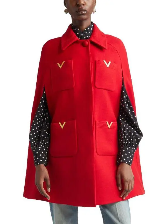 Valentino Garavani V-detail Wool & Silk Double Drill Cape - Deep Red
