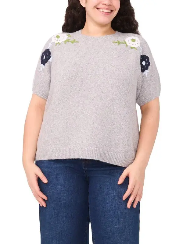 CECE DUPRAZ Floral Embroidered Short Sleeve Sweater - Silver Heather