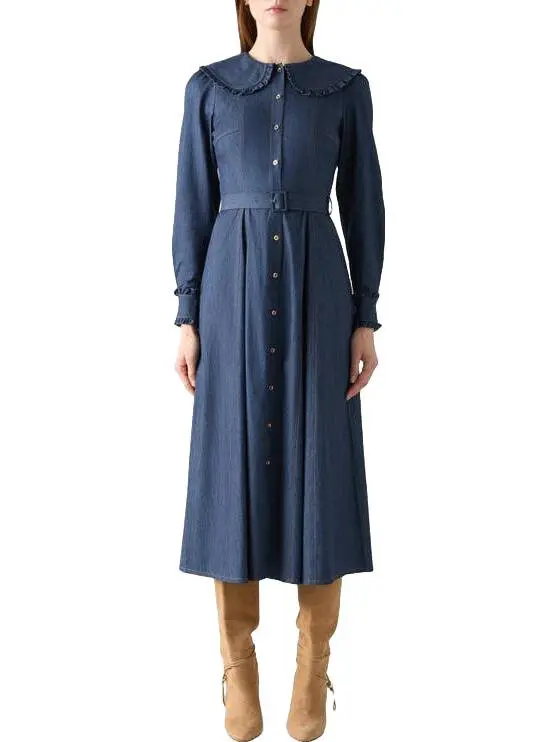 LK BENNETT Pippa Long Sleeve Frill Shirtdress - Blue Denim