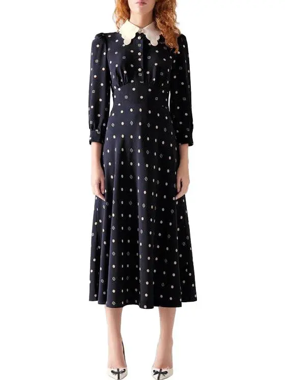 LK BENNETT Enya Contrast Long Sleeve Silk Maxi Dress - Navy
