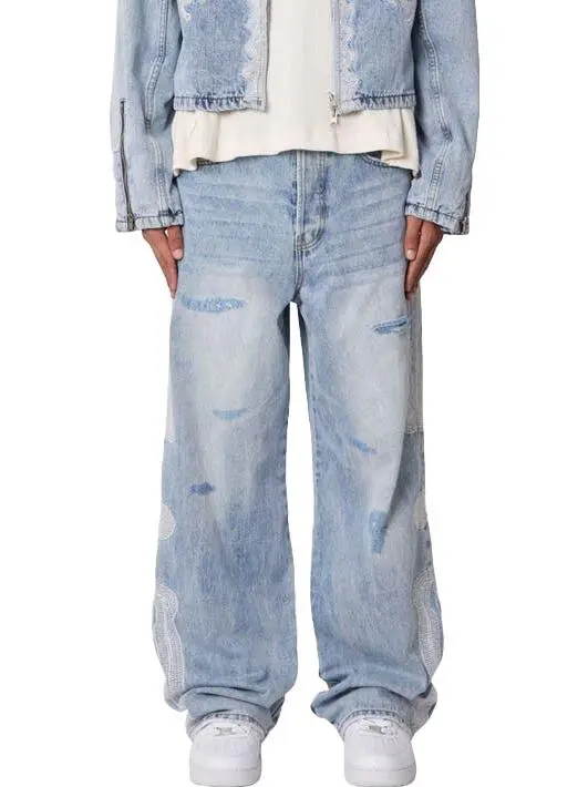 Mnml Skeleton Distressed Baggy Jeans - Washed Blue