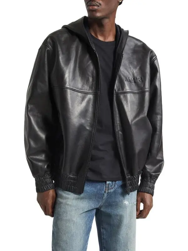 Amiri Oversize Hooded Lambskin Leather Zip Jacket - Black