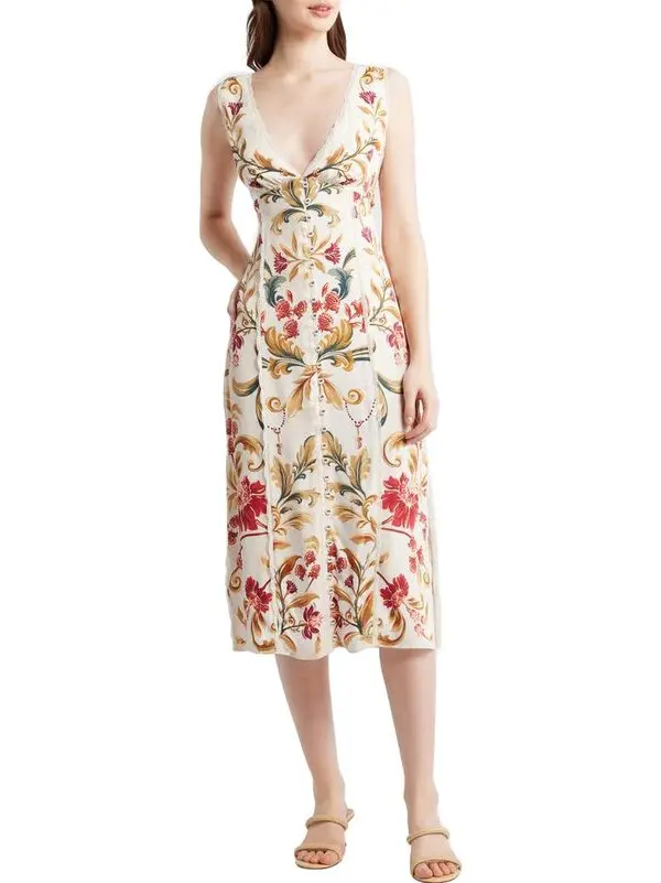Farm Rio Royal Garden Print Sleeveless Satin Dress - Royal Garden Cream