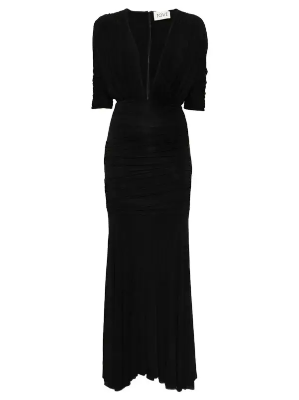 Tove V-neck Ruched Maxi Dress - Black