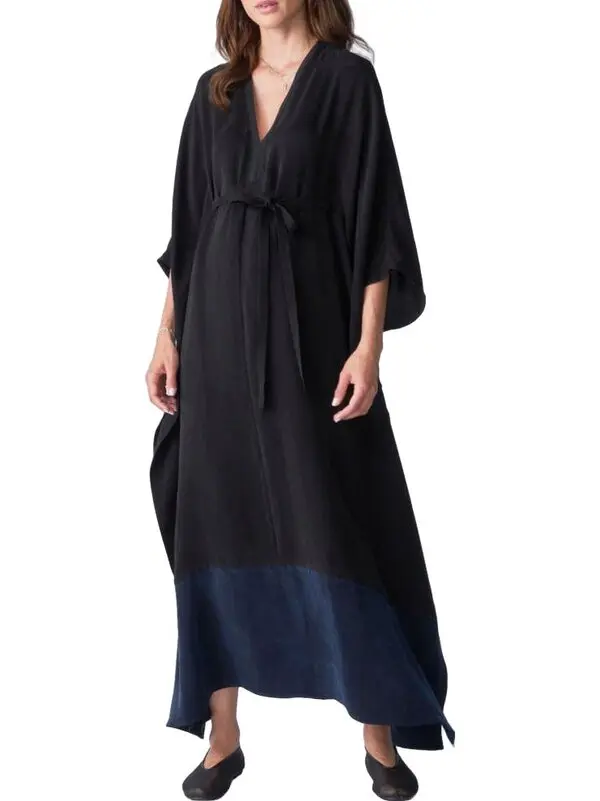 OCEAN+MAIN Belted Cupro Caftan - Black & Navy