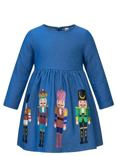 MIA BELLE GIRLS Nutcracker Embroidered Denim Christmas Dress - Blue