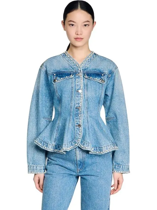 Sandro Beaded Peplum Denim Jacket - Blue Jean