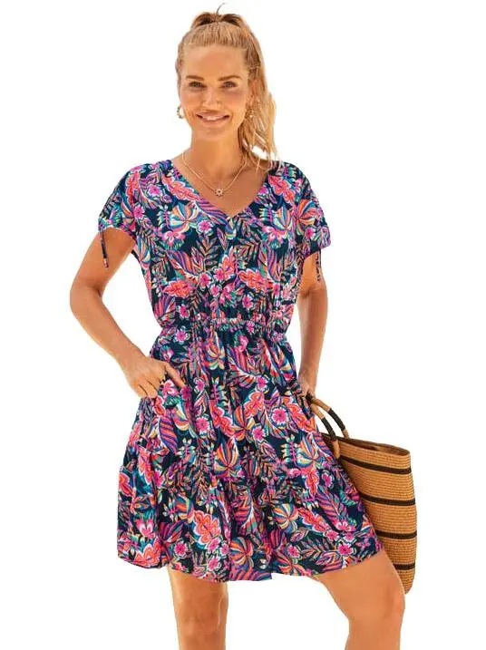 SWIMSUITS FOR ALL Wrinkle-resistant Cover Up Dress - Navy Multi Palms