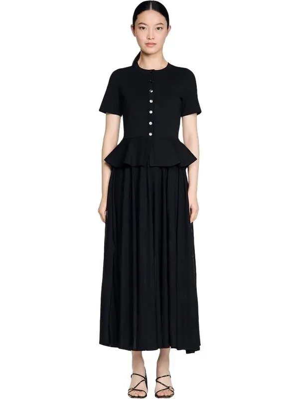 Sandro Fitted Peplum Knit Maxi Dress - Black