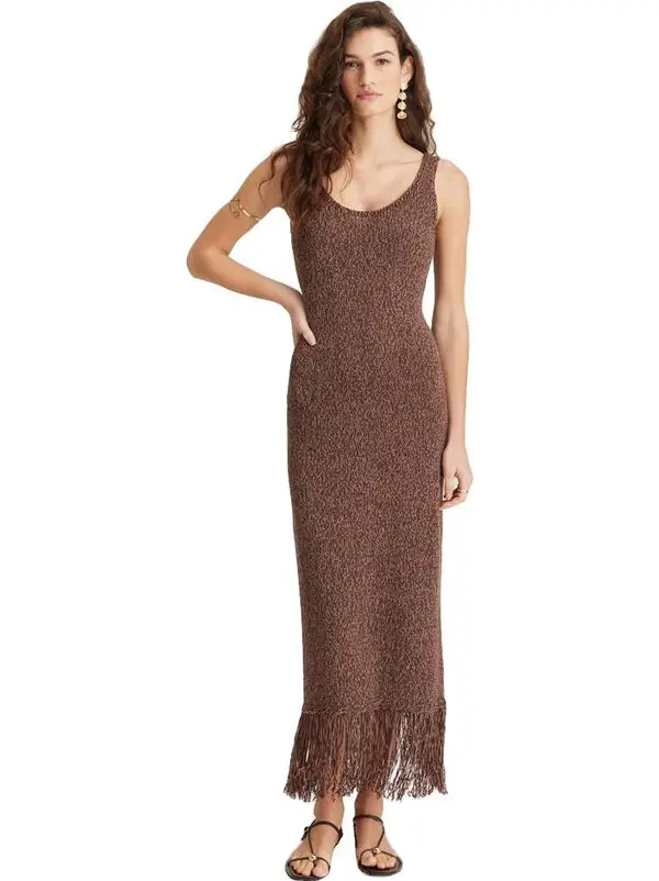Nordstrom Fringe Maxi Sweater Dress - Brown Coffee- Brown Nut Marl