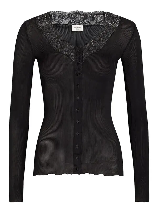 Saint Laurent Lace-trim Ribbed Silk Cardigan - Black