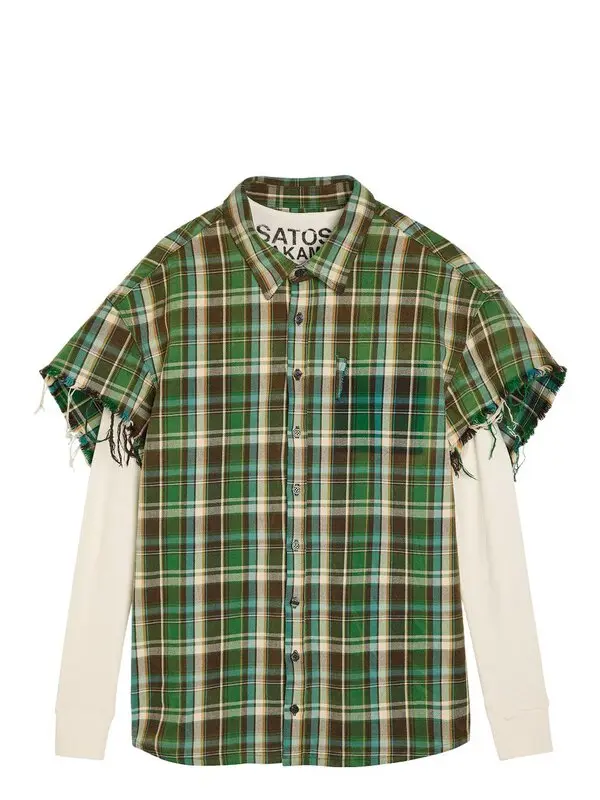 SATOSHI NAKAMOTO Bender Layered Plaid Cotton Shirt - Green