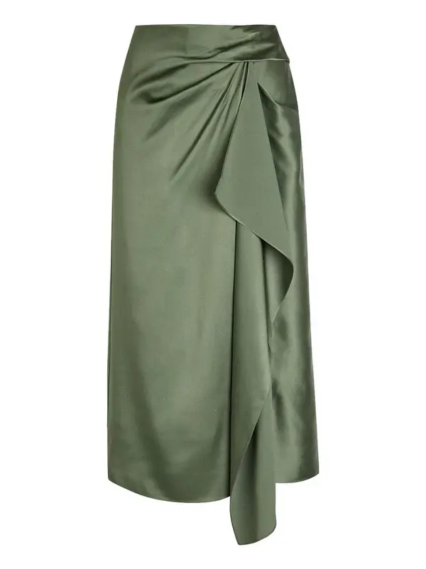Erdem Draped Satin Midi Skirt - Khaki