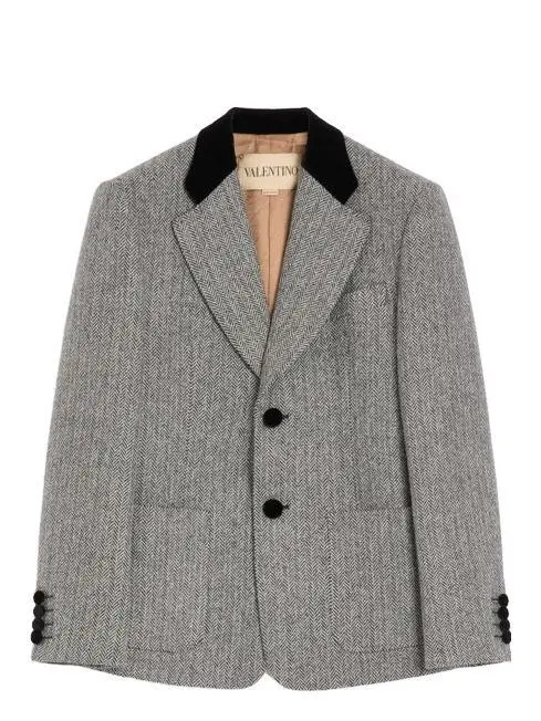 Valentino Garavani Single-breasted Wool Jacket In Chevron Pattern - White/ Black