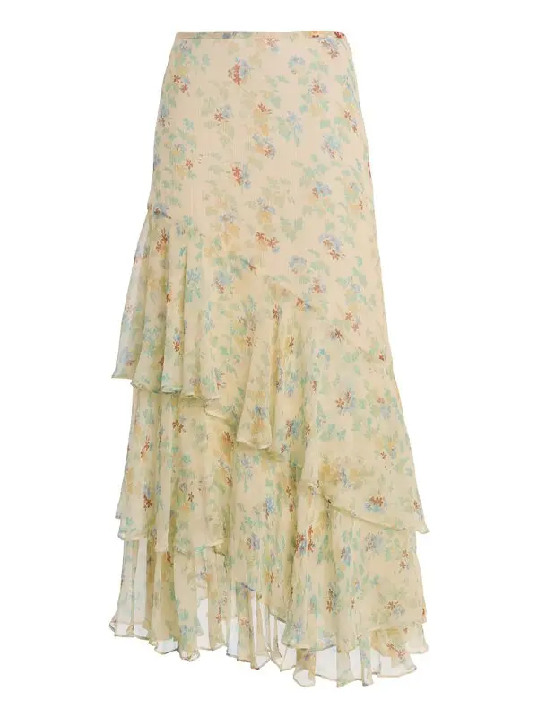 Ulla Johnson Meadow Crinkled Silk Chiffon Tiered Midi Skirt - Floral