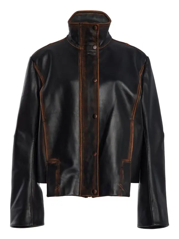 Brandon Maxwell The Mason High-neck Hand Distressed Leather Jacket - Black
