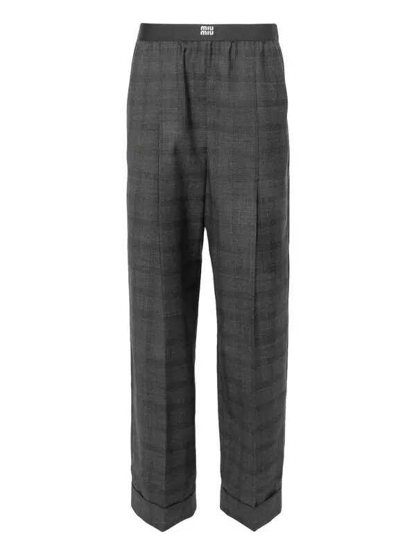 Miu Miu Checked Virgin Wool Palazzo Trousers - Grey