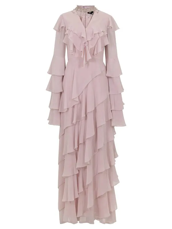 AQUILLORA Innocence Ruffled Chiffon Maxi Dress - Light Pink