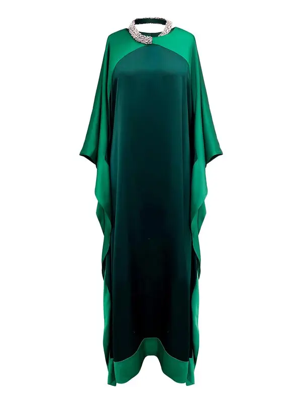 SEMSEM Embellished Color-blocked Silk Caftan Dress - Dark Green