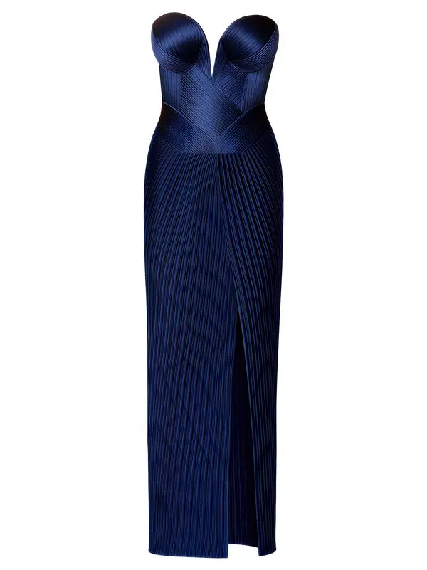 SEMSEM Engineered Plissé Bustier Maxi Dress - Navy