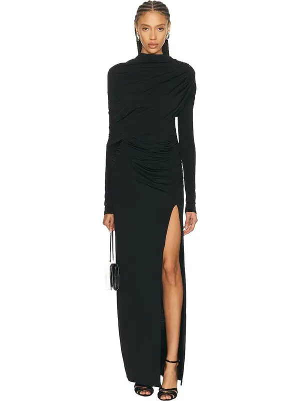 Lapointe Jersey Asymmetrical Shawl Draped Gown - Black