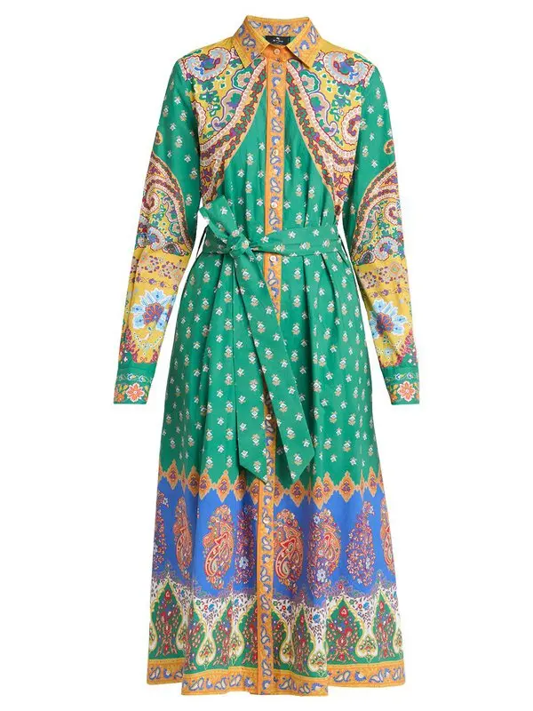 Etro Belted Paisley Cotton Midi Shirtdress - Green Prin