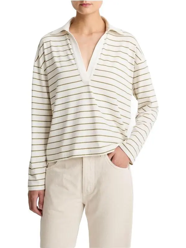 Vince Striped Cotton Long-sleeve Polo Shirt - Olive