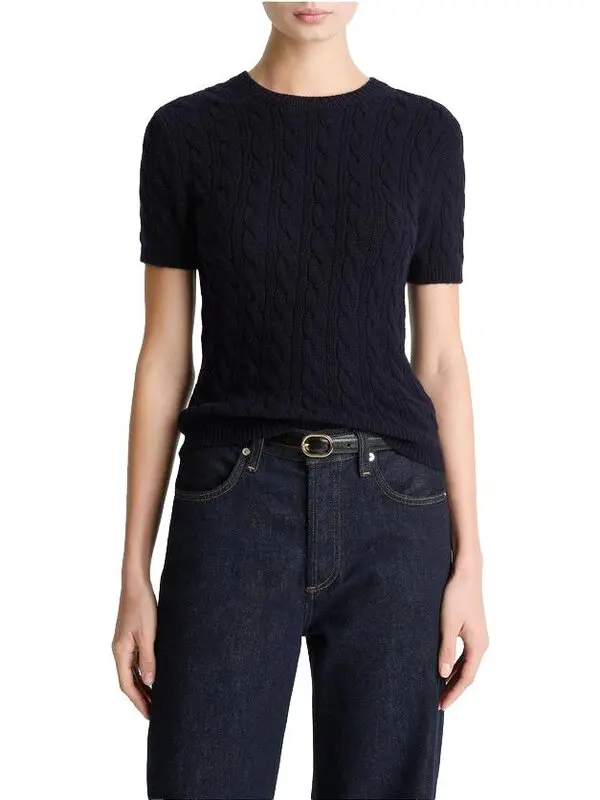 Vince Cable-knit Wool & Cashmere-blend Short-sleeve Sweater - Black
