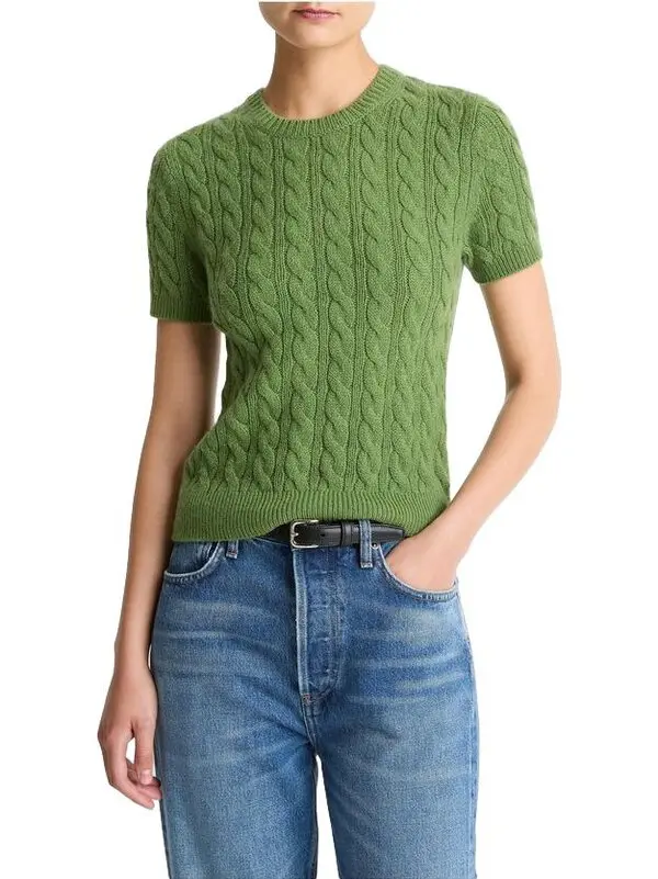 Vince Cable-knit Wool & Cashmere-blend Short-sleeve Sweater - Green