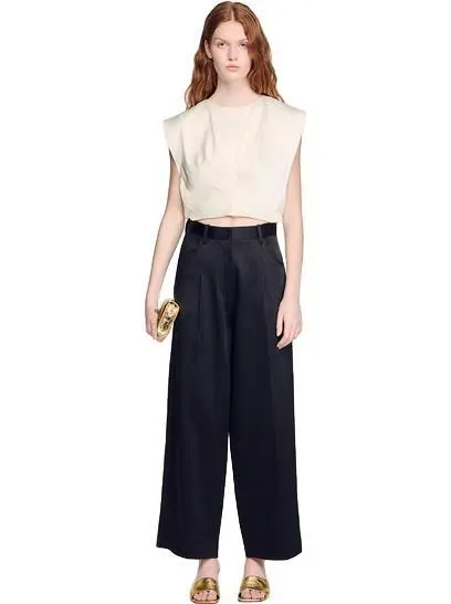 Sandro Satin-effect Wide-leg Trousers - Black