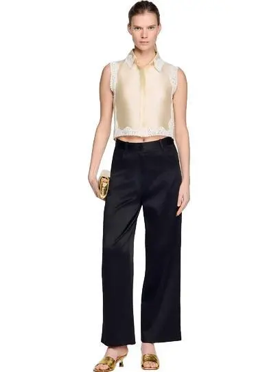 Sandro Satin-effect Wide-leg Trousers - Black