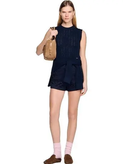 Sandro Textured Knit Sleeveless Sweater - Blue / Navy