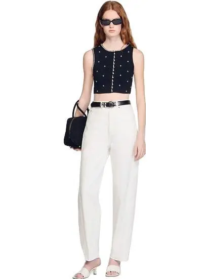 Sandro Sleeveless Embellished Cropped Top - Black